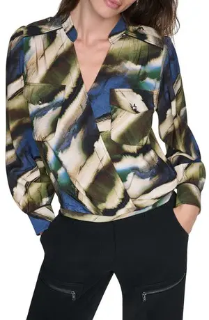 Dkny Print Surplice Top - Brushed Riverside