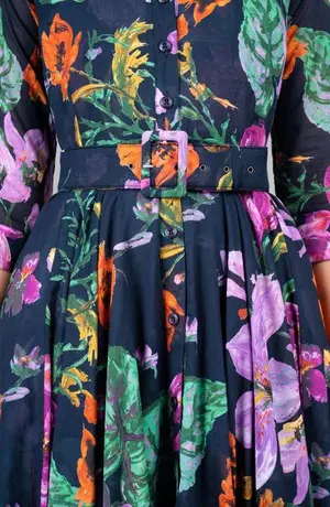 Samantha Sung Floral Print A-line Midi Shirt Dress With Belt