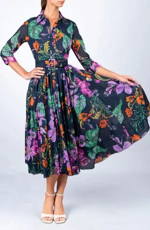 Samantha Sung Floral Print A-line Midi Shirt Dress With Belt