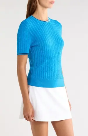 G/fore Cable Knit Short Sleeve Sweater With Varsity Tipping