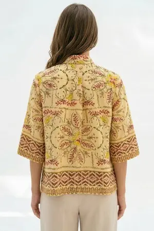 EXQUISE Printed Ramie Shirt With Classic Collar And Short Sleeves