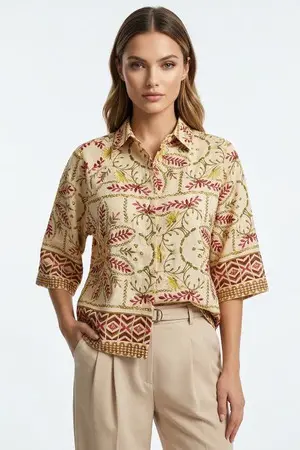 EXQUISE Printed Ramie Shirt With Classic Collar And Short Sleeves