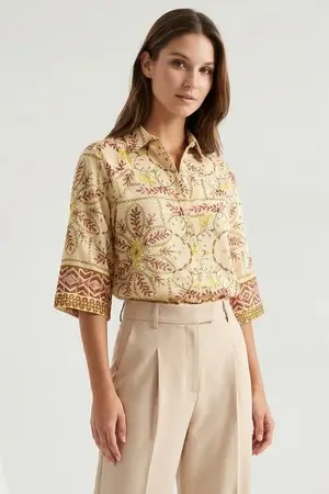 EXQUISE Printed Ramie Shirt With Classic Collar And Short Sleeves