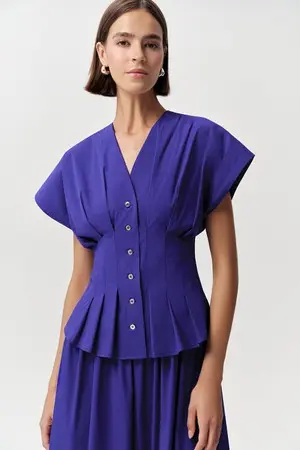 EXQUISE V Neck Short Sleeve Midi Dress
