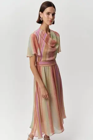 EXQUISE Sahra Striped Cowl Neck Midi Dress