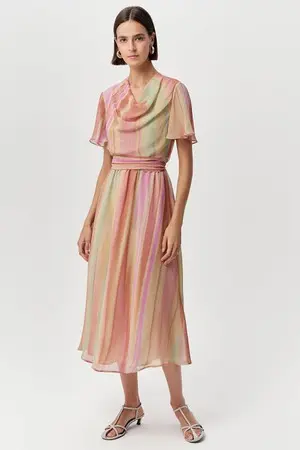 EXQUISE Sahra Striped Cowl Neck Midi Dress