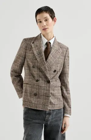 Brunello Cucinelli Alpaca And Wool Prince Of Wales Blazer With Monili - Brown