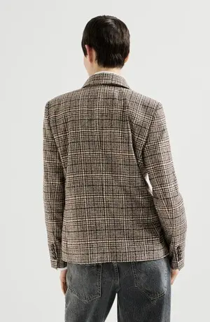 Brunello Cucinelli Alpaca And Wool Prince Of Wales Blazer With Monili - Brown