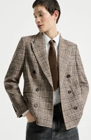 Brunello Cucinelli Alpaca And Wool Prince Of Wales Blazer With Monili - Brown