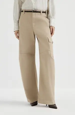 Brunello Cucinelli Délavé Cotton Canvas Cargo Barrel Trousers With Monili - Beige