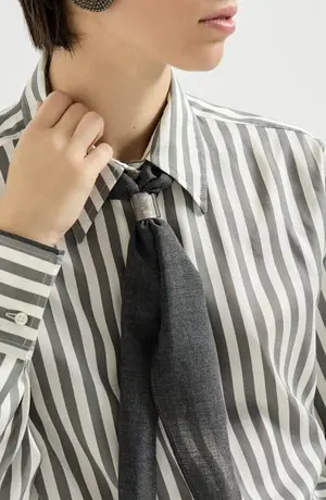Brunello Cucinelli Striped Silk Poplin Shirt With Virgin Wool Foulard