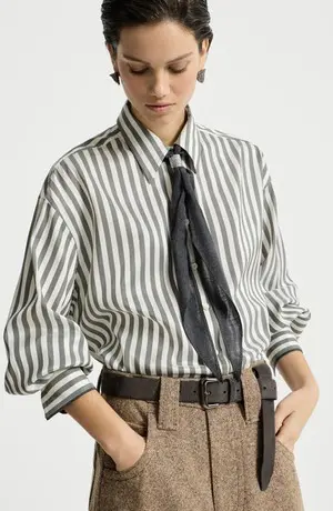 Brunello Cucinelli Striped Silk Poplin Shirt With Virgin Wool Foulard