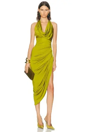 David Koma Plunge Neckline Asymmetric Hem Ruched Dress