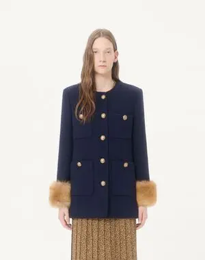 Valentino Garavani Wool Tweed Caban With Shearling Cuffs - Navy