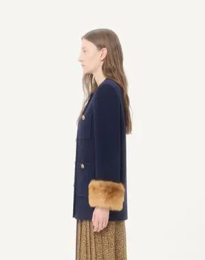 Valentino Garavani Wool Tweed Caban With Shearling Cuffs - Navy
