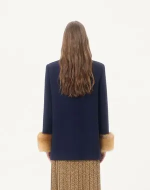Valentino Garavani Wool Tweed Caban With Shearling Cuffs - Navy