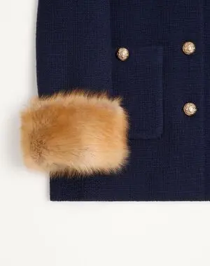 Valentino Garavani Wool Tweed Caban With Shearling Cuffs - Navy