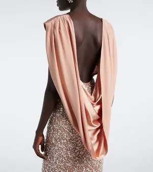 LA FUORI Là Fuori Genevieve Sequined Draped Satin Gown