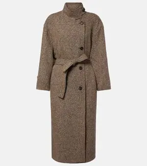 Brunello Cucinelli Belted Herringbone Wool-blend Coat - Brown