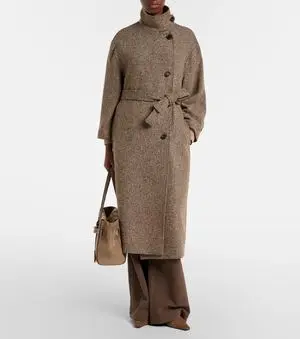 Brunello Cucinelli Belted Herringbone Wool-blend Coat - Brown