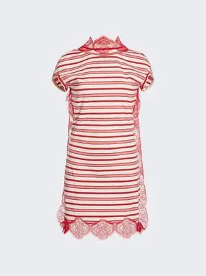 Christopher Esber Stripe Jersey Lace Trimmed Tee Dress Flame And White - Red