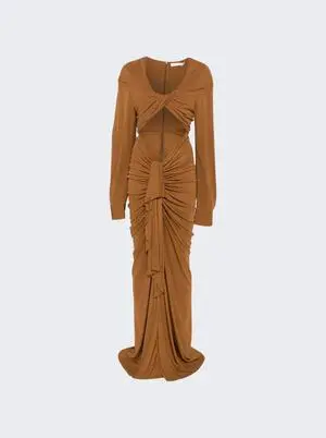 Christopher Esber Vivenda Drape Front Long Sleeve Dress Cognac