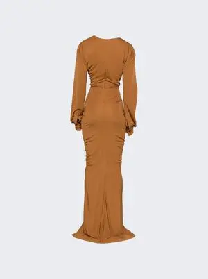 Christopher Esber Vivenda Drape Front Long Sleeve Dress Cognac