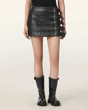 ALLSAINTS Betty Leather Buckle Mini Skirt - Black