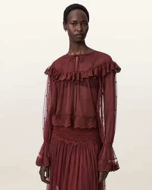 ALLSAINTS Trixie Lace Embroidered Top - Red