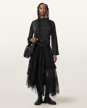 ALLSAINTS Jen Tiered Lace Textile Midi Skirt - Black