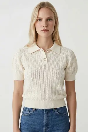 EXQUISE Rachael Polo Short Sleeve Knit Blouse - Beige