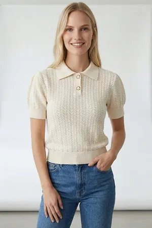 EXQUISE Rachael Polo Short Sleeve Knit Blouse