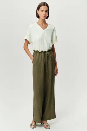 EXQUISE High Rise Wide Leg Woven Pants - Khaki