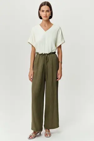 EXQUISE High Rise Wide Leg Woven Pants - Khaki