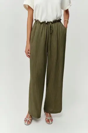 EXQUISE High Rise Wide Leg Woven Pants - Khaki