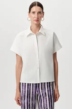 EXQUISE Tegan Shirt Collar Short Sleeve Poplin Shirt - White
