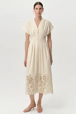 EXQUISE Emrick V Neck Short Sleeve Midi Dress - Bone