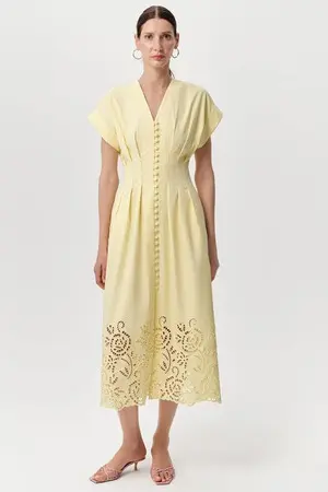 EXQUISE Emrick V Neck Short Sleeve Midi Dress - Yellow