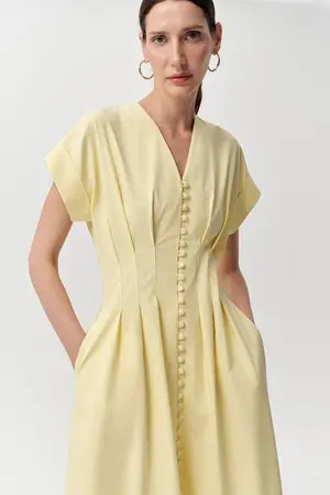 EXQUISE Emrick V-neck Midi Dress With Cutwork Floral Hem - Yellow