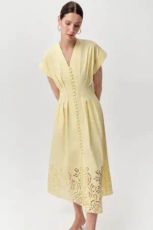 EXQUISE Emrick V-neck Midi Dress With Cutwork Floral Hem - Yellow