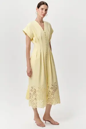 EXQUISE Emrick V-neck Midi Dress With Cutwork Floral Hem - Yellow