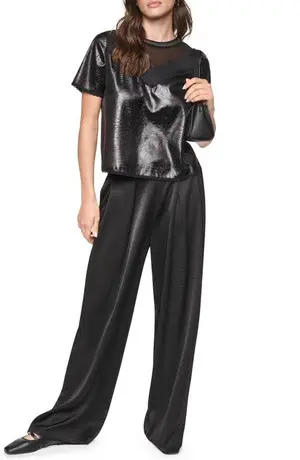 Dkny Mixed Media Crackle Faux Leather Top With Chain Detail