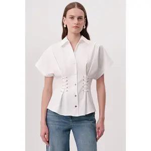 EXQUISE Mollie Shirt Collar Front Tie Fitted Shirt - Ecru