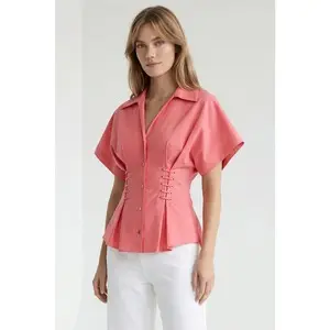EXQUISE Fitted Shirt With Classic Collar And Front Corset Detail - Pink