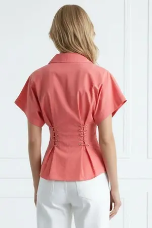 EXQUISE Fitted Shirt With Classic Collar And Front Corset Detail - Pink