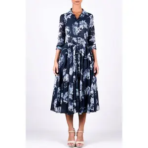 Samantha Sung Feather Lightness A-line Belted Shirtdress - Navy