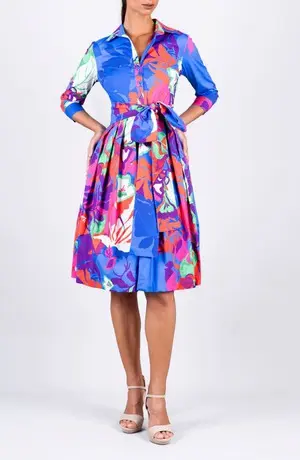 Samantha Sung Spanish Garden Pleated Shirtdress - Sky Blue