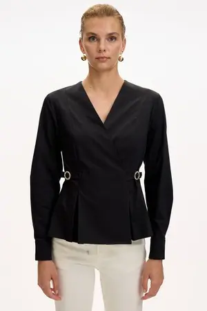 EXQUISE Ashlynn Wrap Collar Shirt - Black