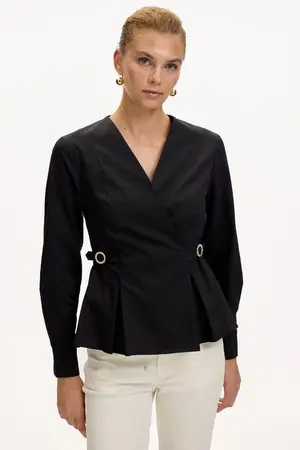 EXQUISE Ashlynn Wrap Collar Shirt - Black