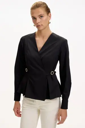 EXQUISE Ashlynn Wrap Collar Shirt - Black